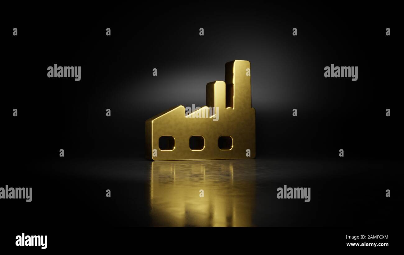 gold metal symbol of factory building 3D rendering with blurry ...