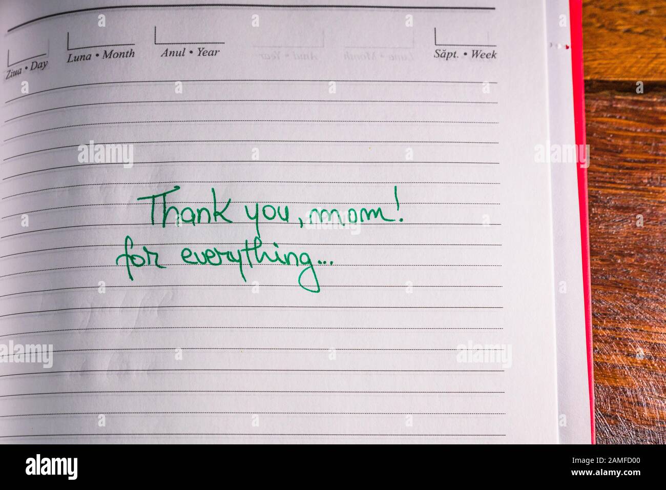 Mother`s day concept. Writing text for mother on personal agenda. Thank ...