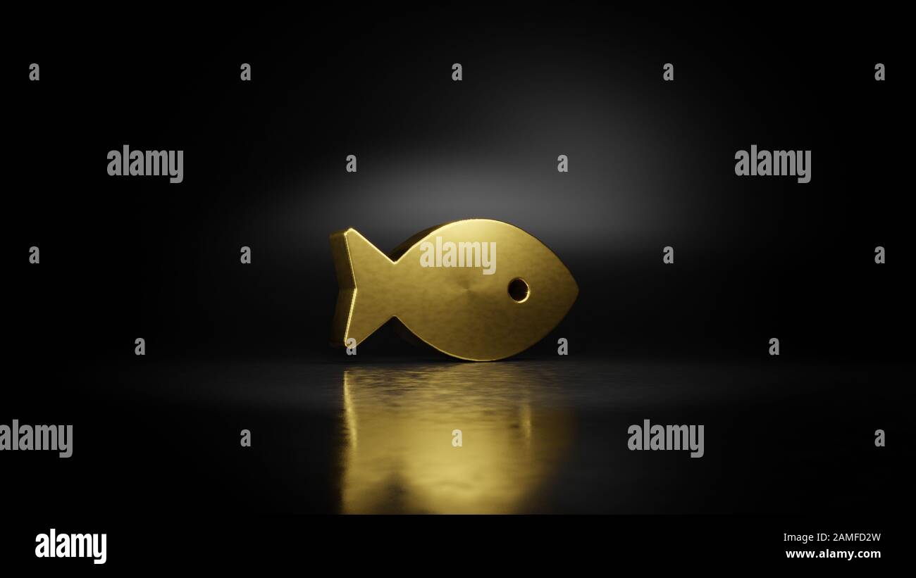 gold metal symbol of fish from profile 3D rendering with blurry ...