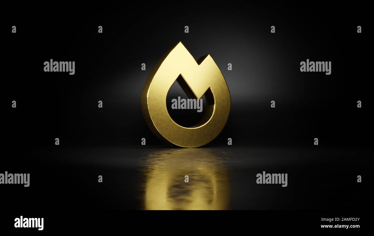 gold metal symbol of flame 3D rendering with blurry reflection on floor ...
