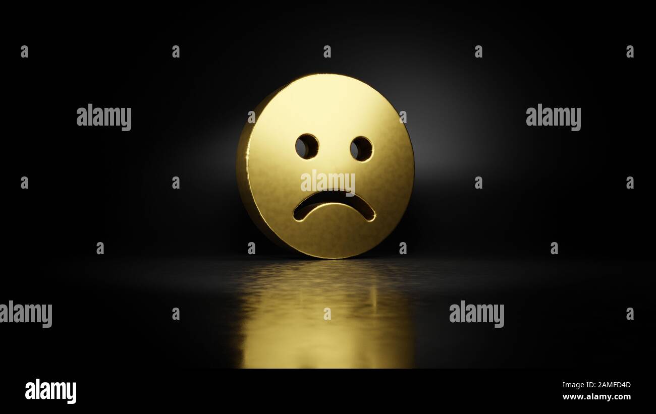 gold metal symbol of frown emoticon 3D rendering with blurry reflection ...