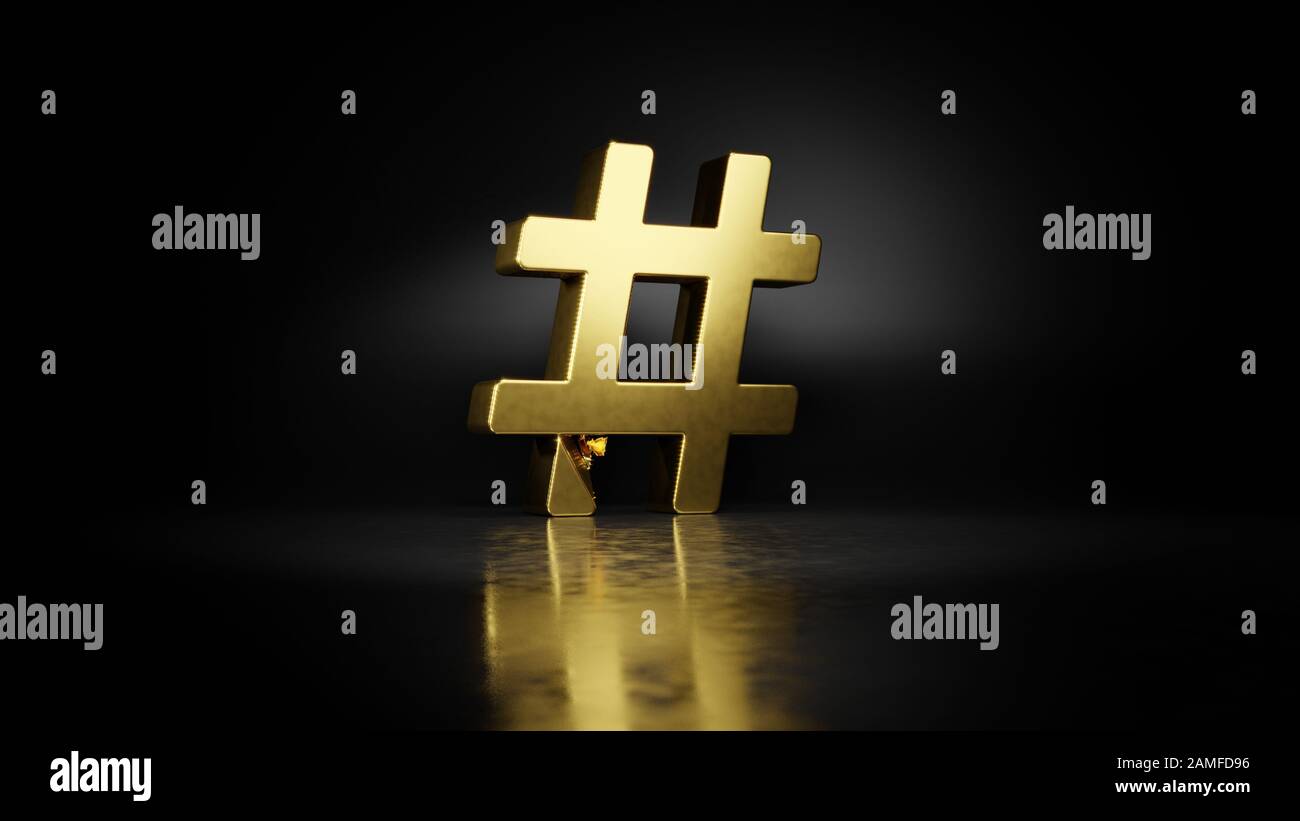 gold metal symbol of hashtag symbol 3D rendering with blurry reflection ...