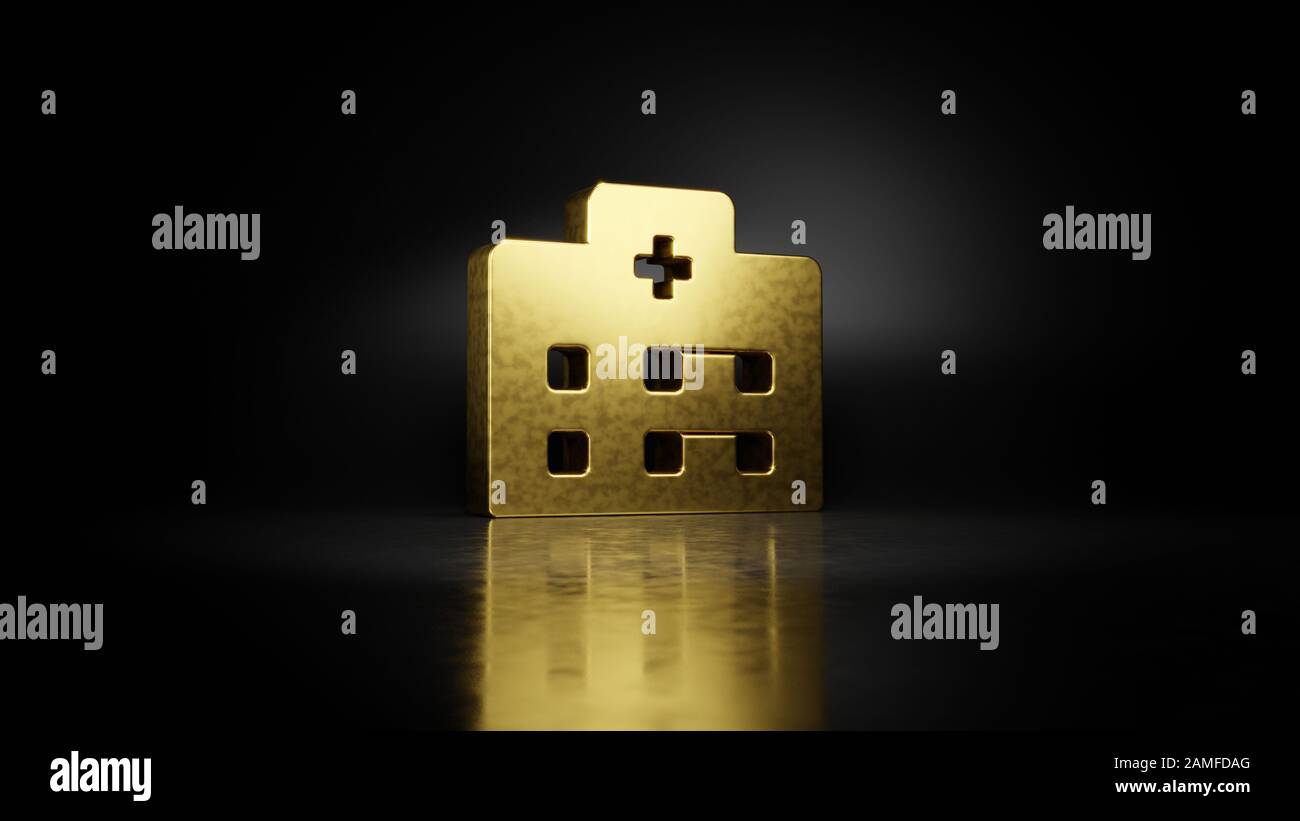 gold metal symbol of hospital building with cross 3D rendering with ...