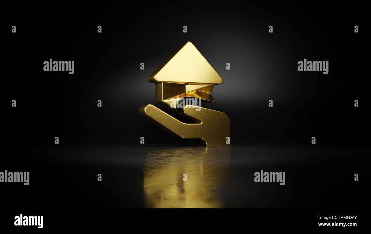 gold metal symbol of house in hand 3D rendering with blurry reflection ...