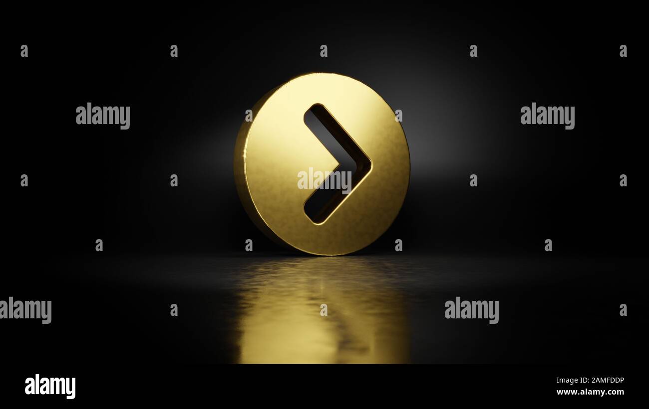 gold metal symbol of right chevron in circle 3D rendering with blurry ...