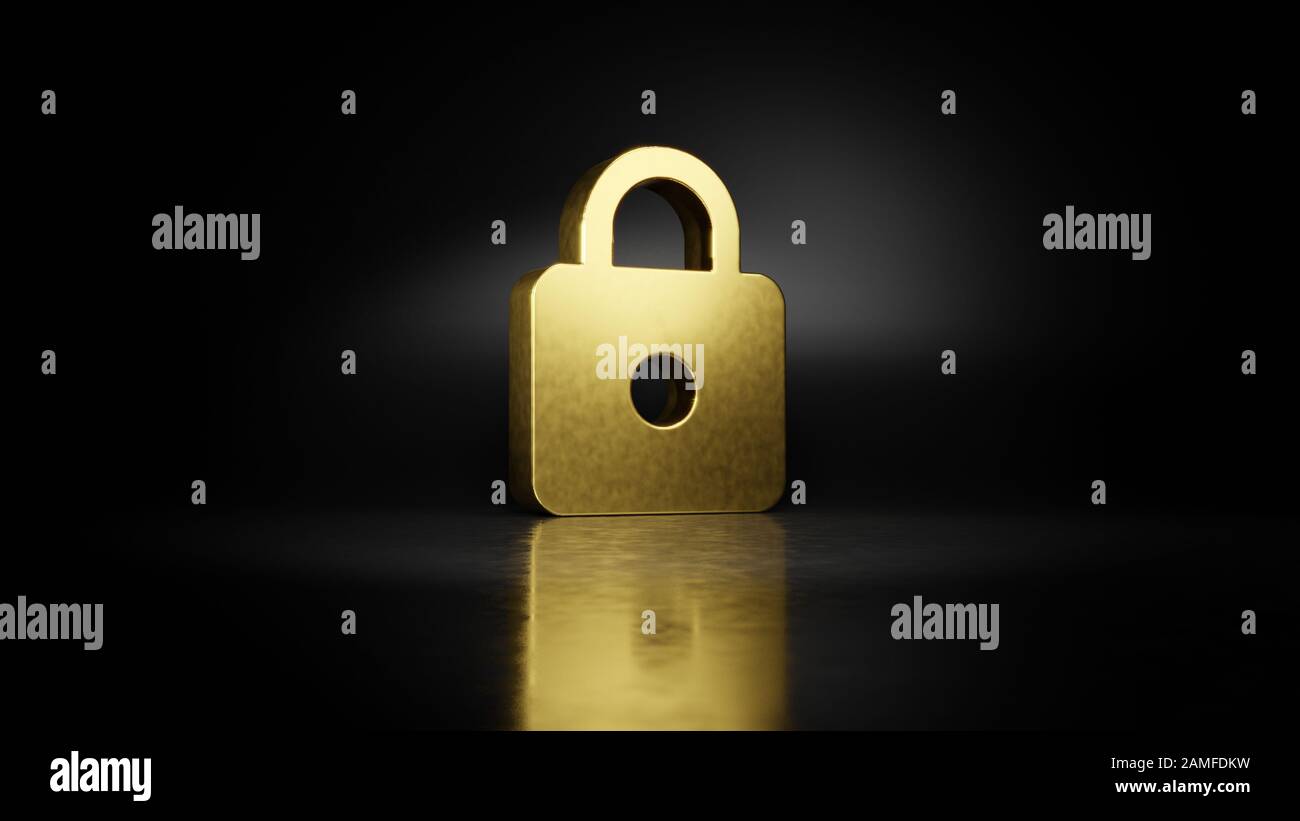 gold metal symbol of locked padlock 3D rendering with blurry reflection ...