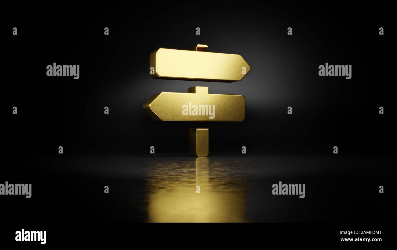 gold metal symbol of two map signs on stick 3D rendering with blurry ...