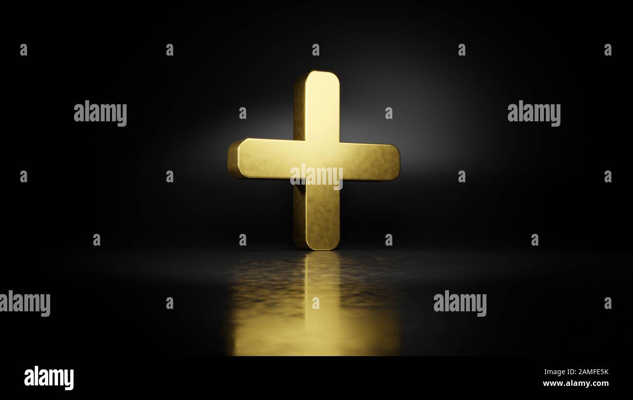 gold metal symbol of plus 3D rendering with blurry reflection on floor ...