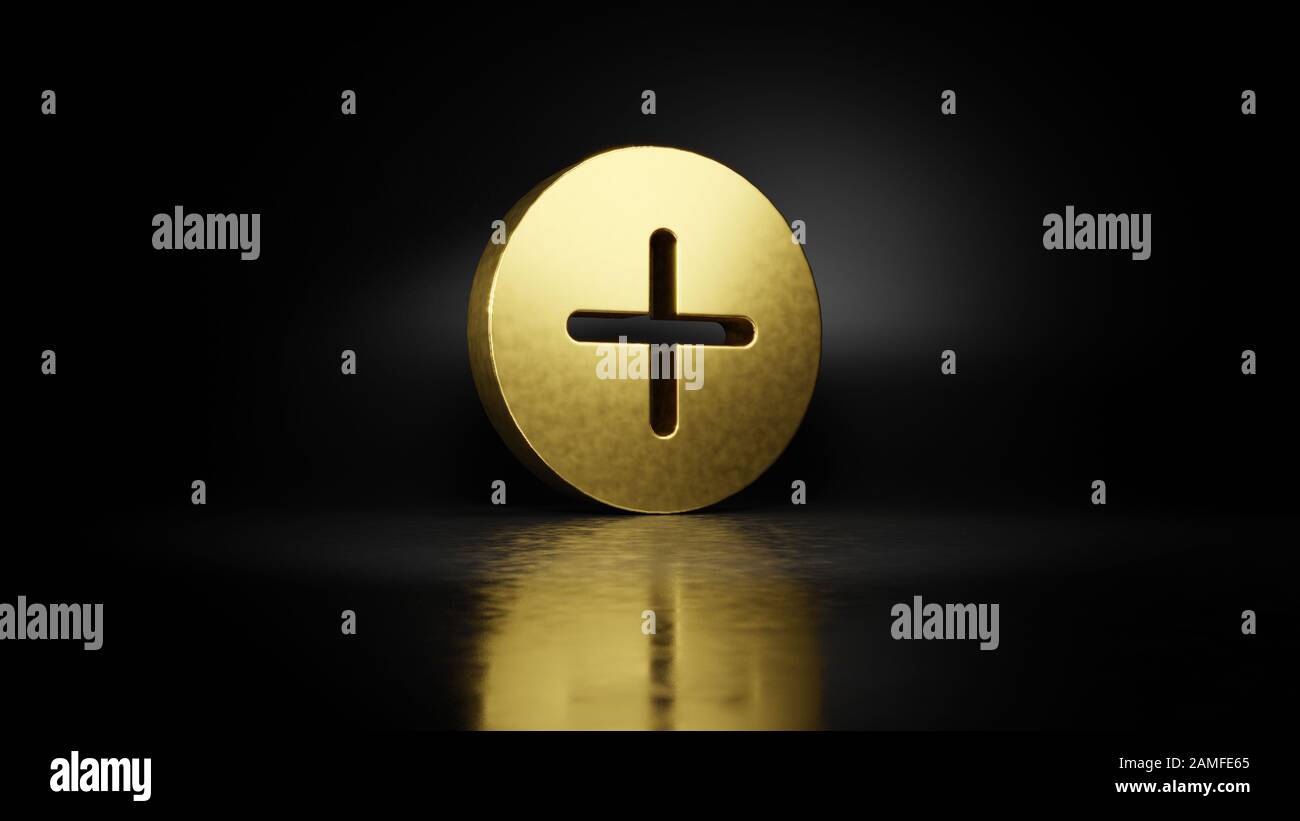 gold metal symbol of plus in circle 3D rendering with blurry reflection ...