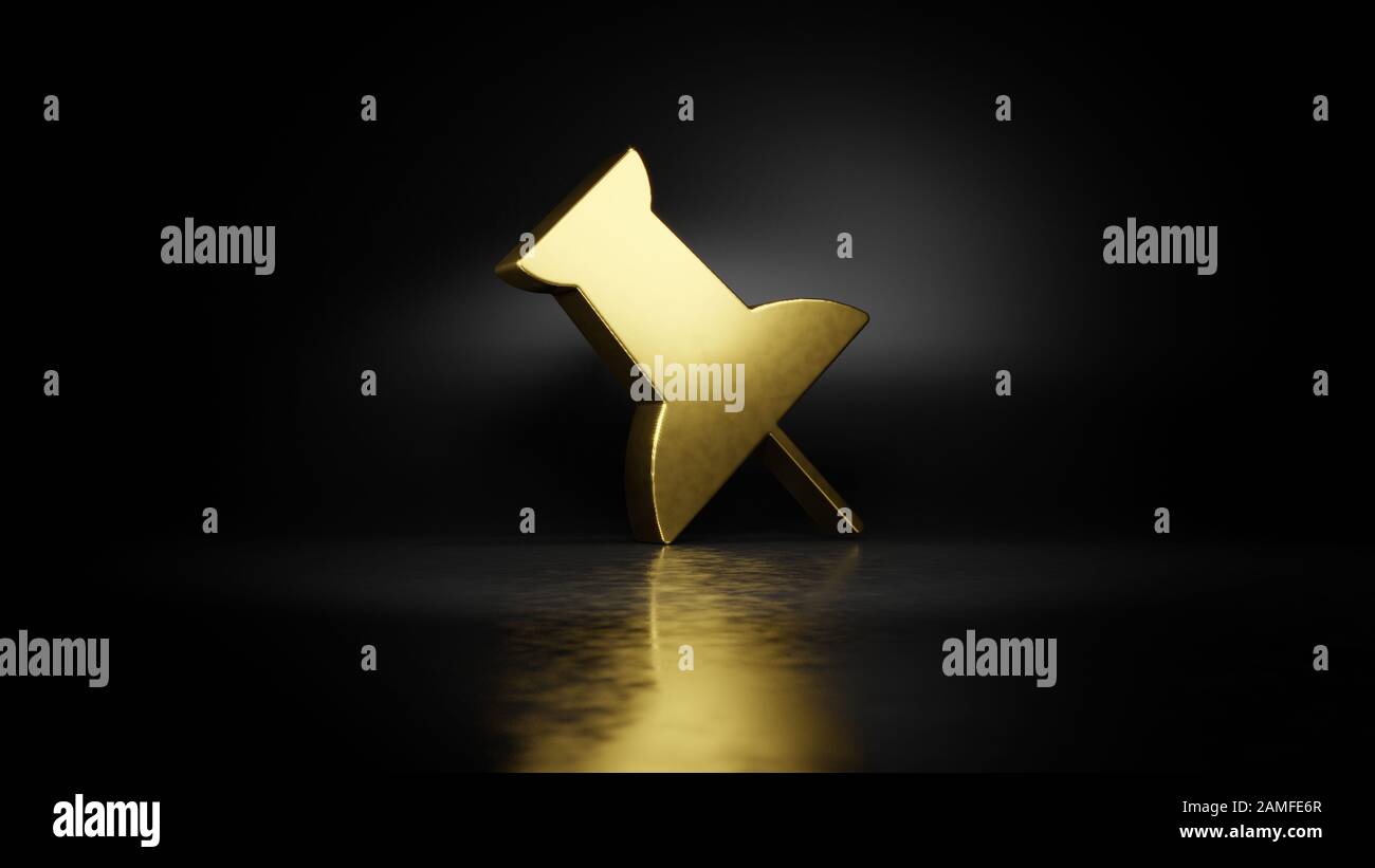 gold metal symbol of push pin 3D rendering with blurry reflection on ...