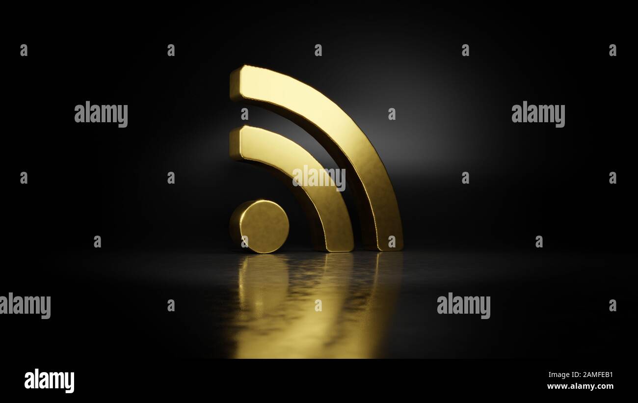 gold metal symbol of rss icon 3D rendering with blurry reflection on ...