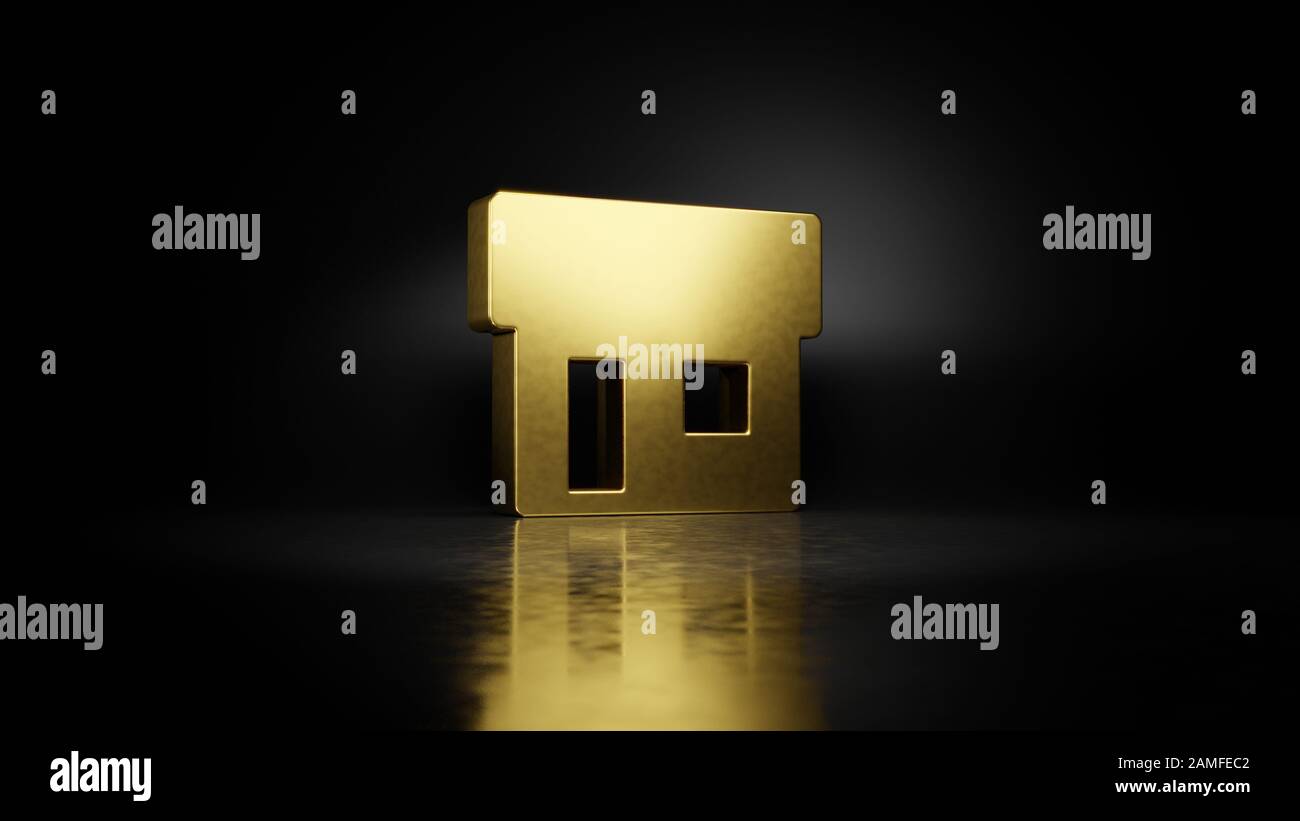 gold metal symbol of house with straight roof 3D rendering with blurry ...