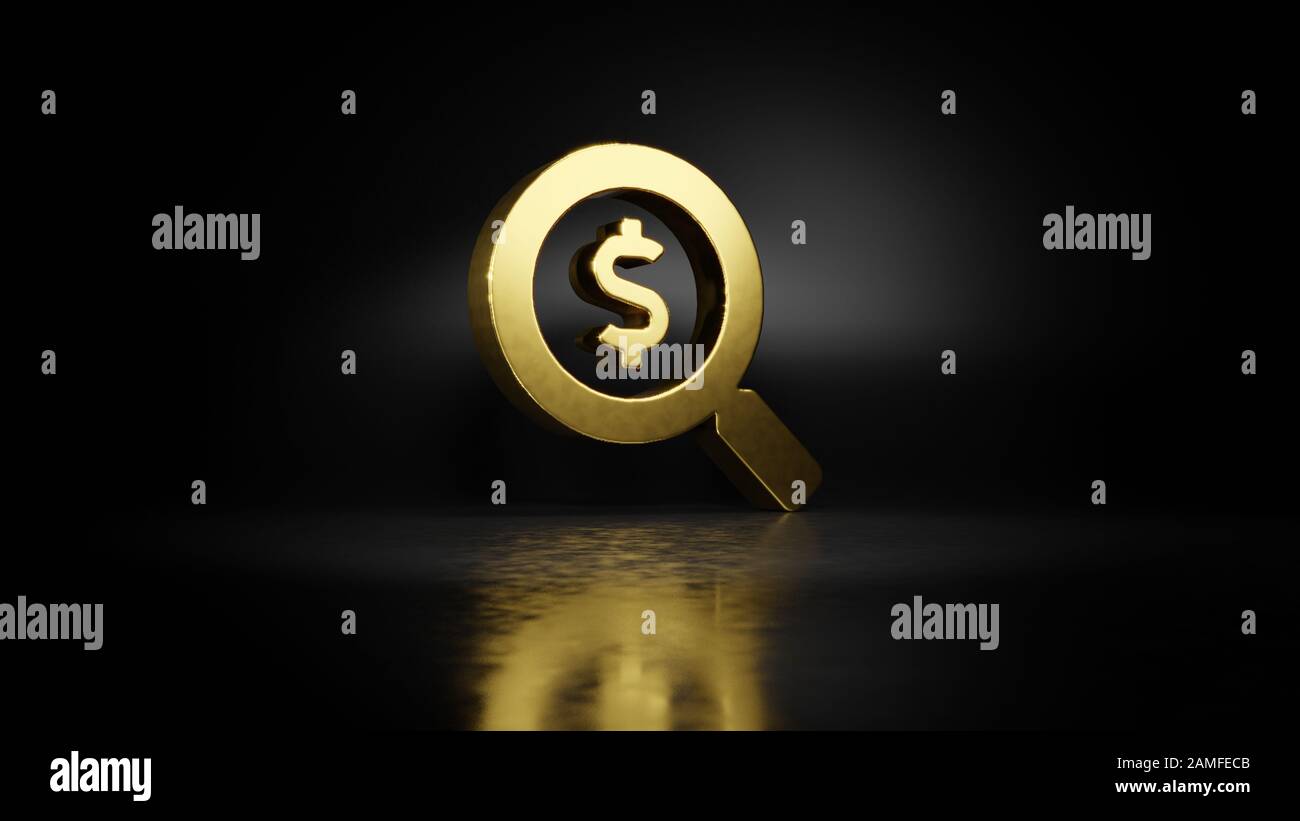gold metal symbol of magnifying glass with dollar 3D rendering with ...