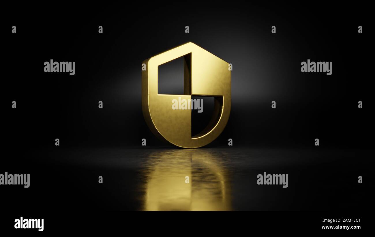 gold metal symbol of four squared shield 3D rendering with blurry ...