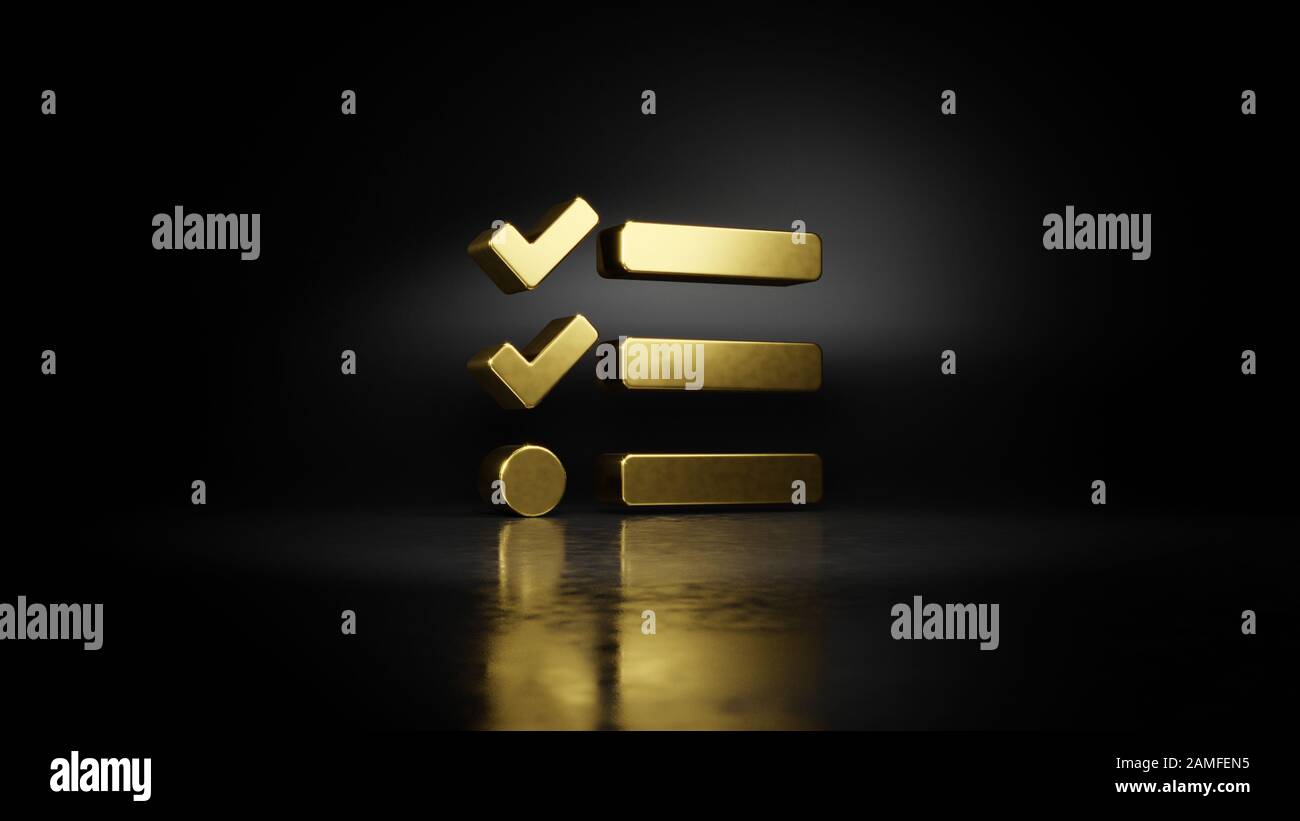 gold metal symbol of three lines and check marks 3D rendering with ...