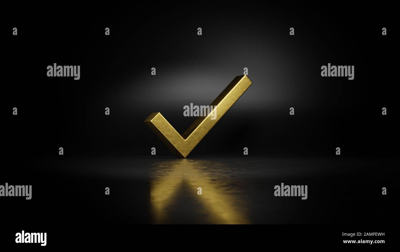 gold metal symbol of check sign 3D rendering with blurry reflection on ...