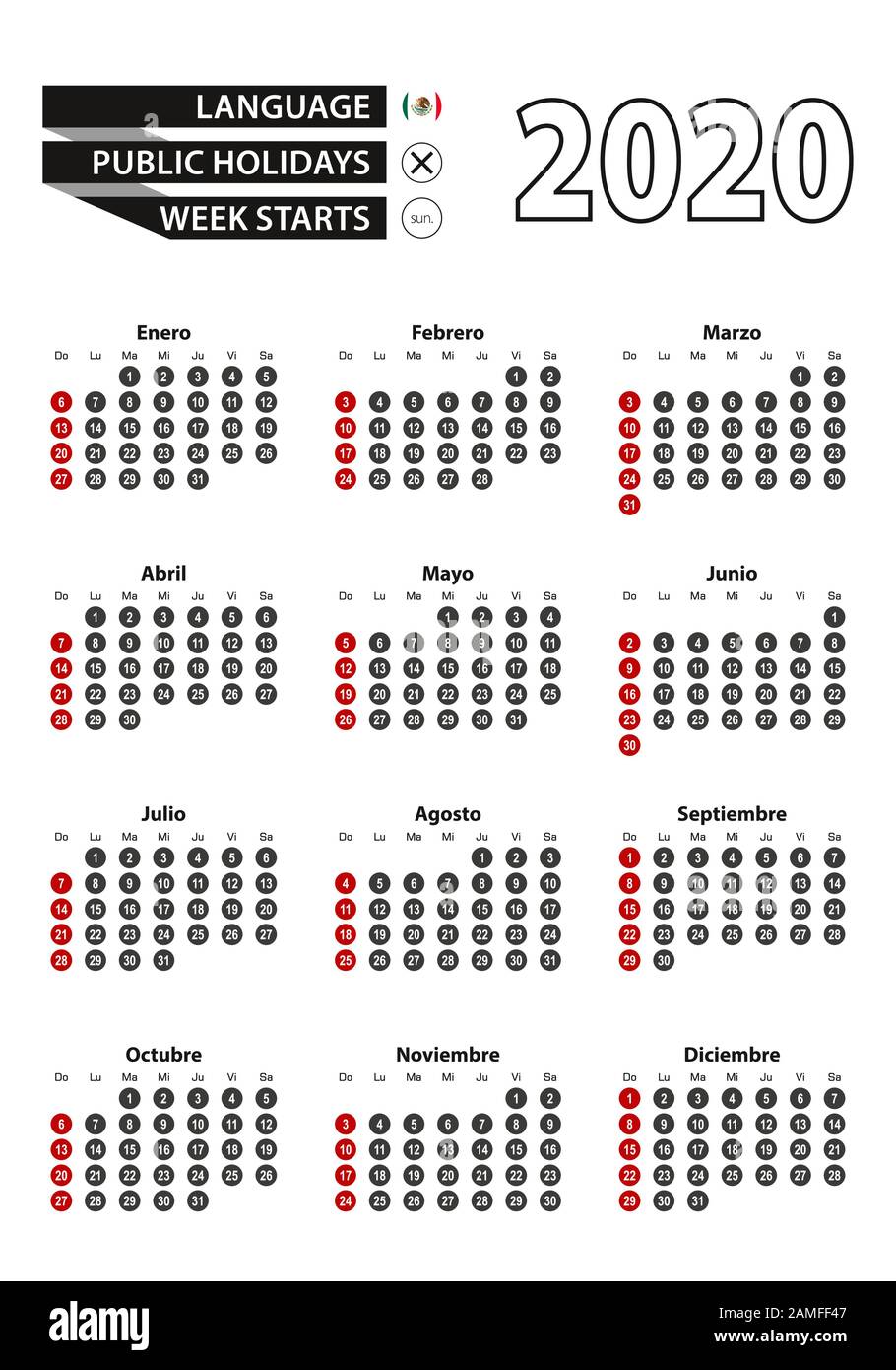 Spanish calendar 2020 with numbers in circles, week starts on Sunday ...