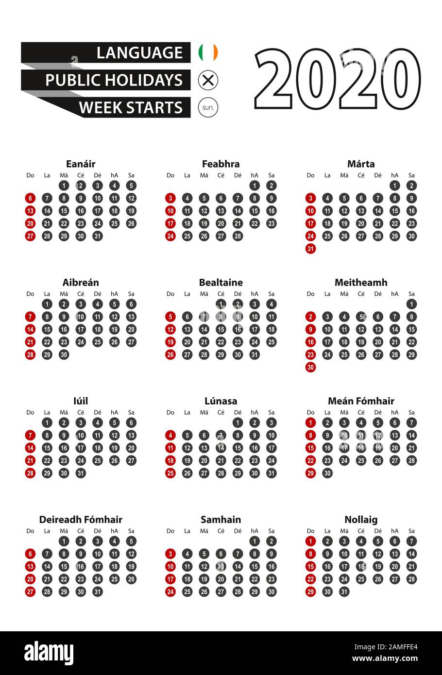 Irish calendar 2020 with numbers in circles, week starts on Sunday ...