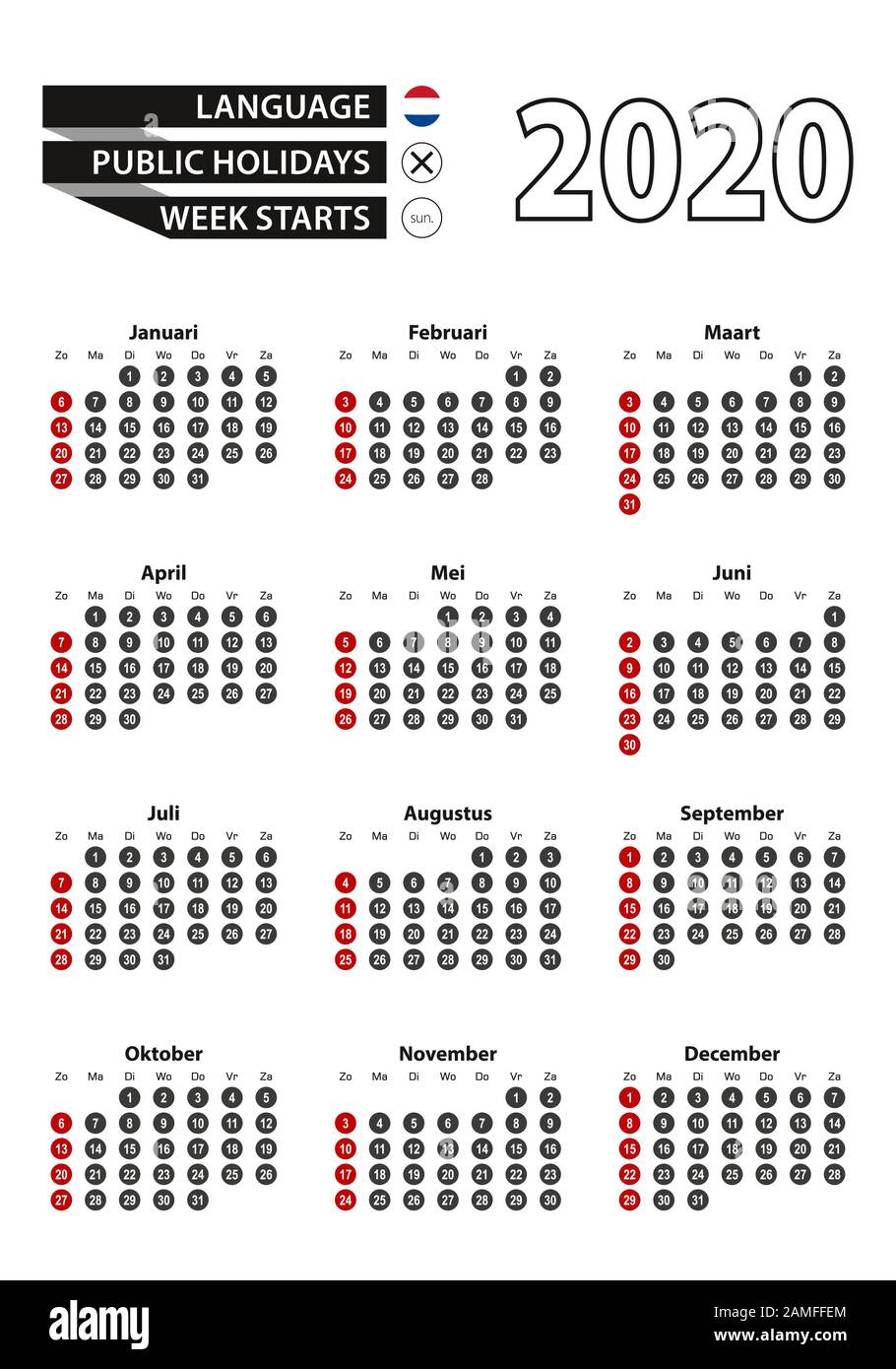 Dutch calendar 2020 with numbers in circles, week starts on Sunday ...