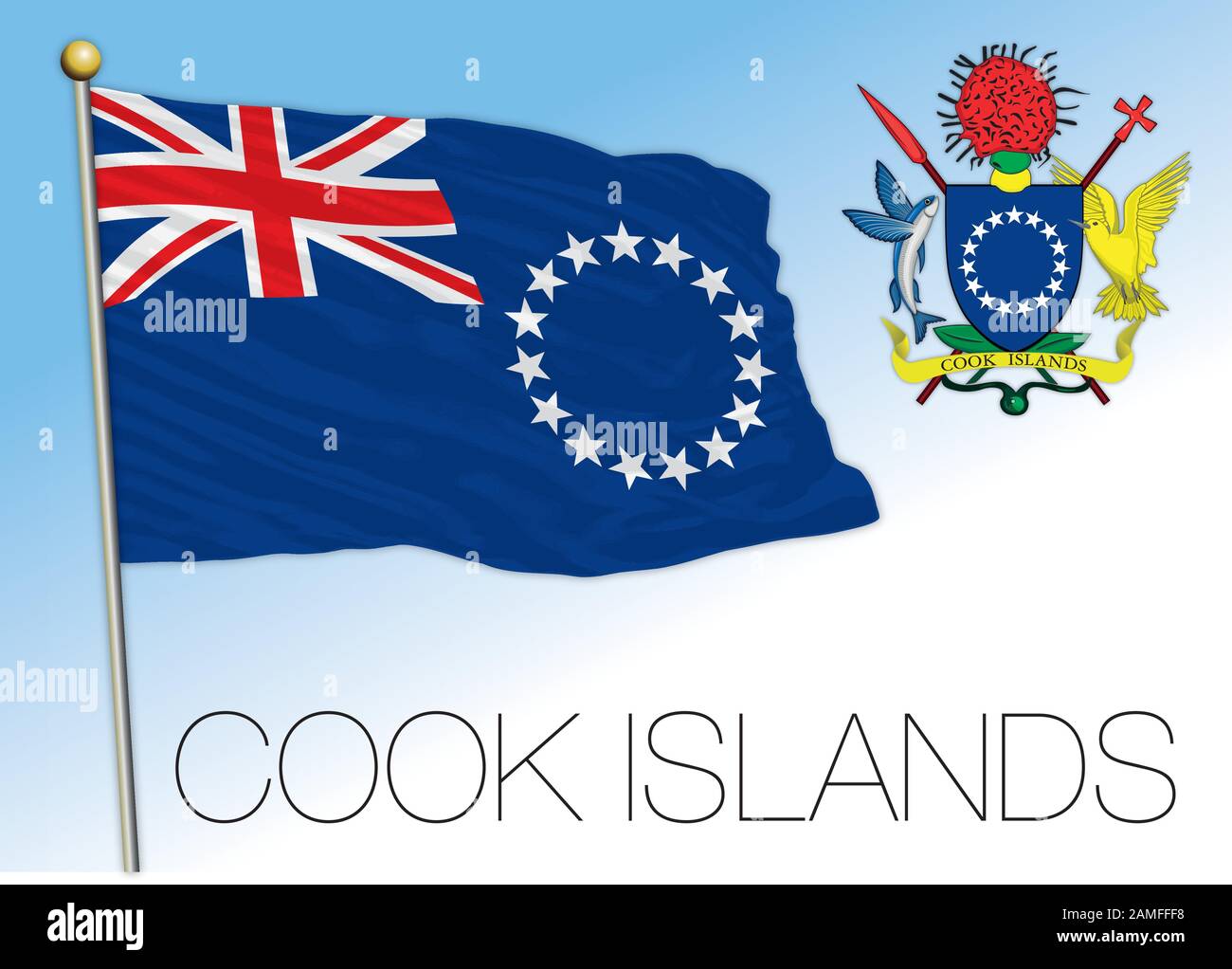 Cook Islands official national flag and coat of arms, pacific ocean ...