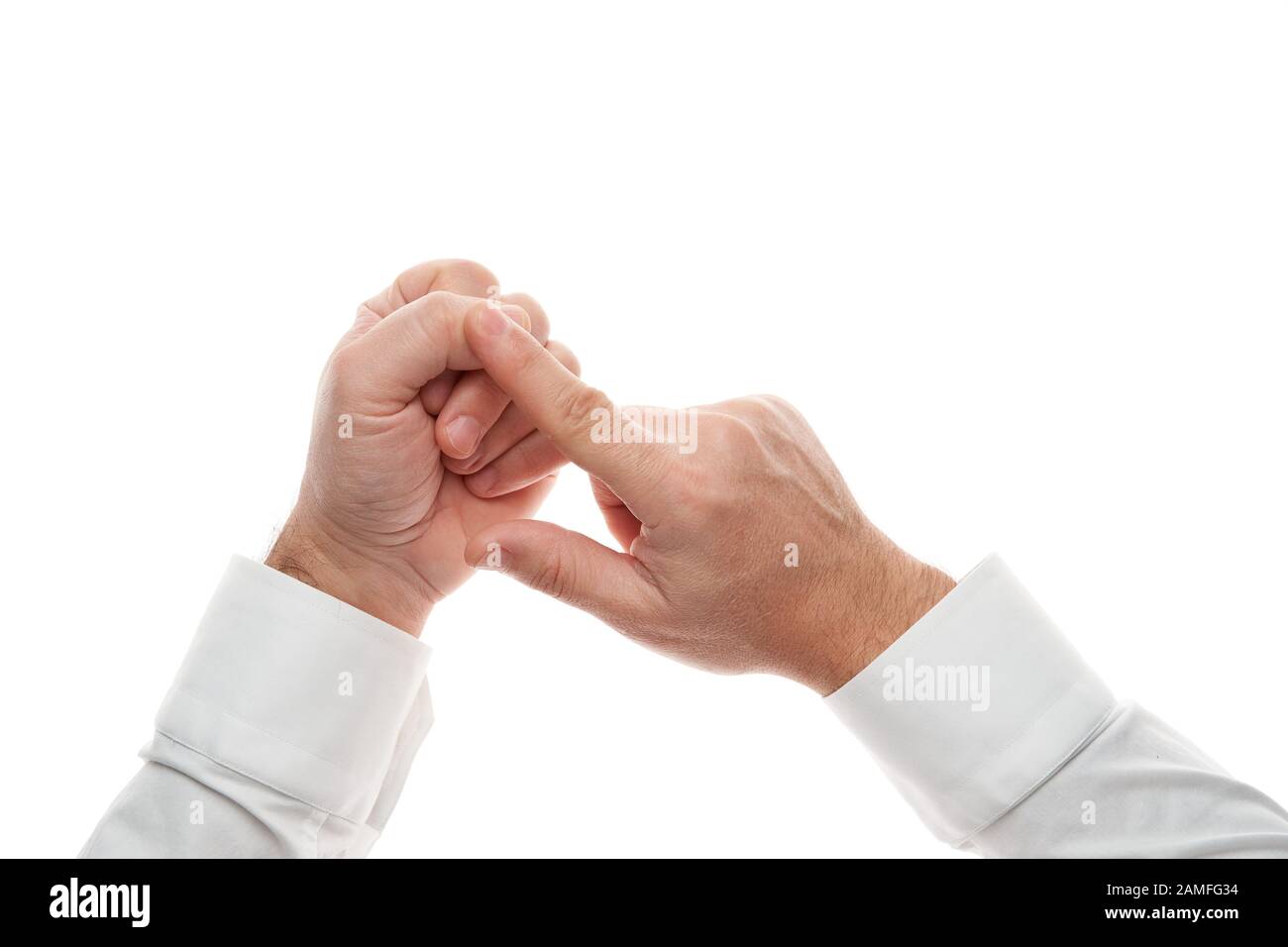 Man hands, counting gesture, isolated on white background. White shirt ...