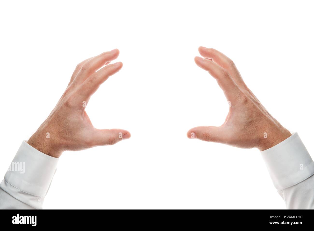 Man hands, grab gesture isolated on white background. White shirt ...