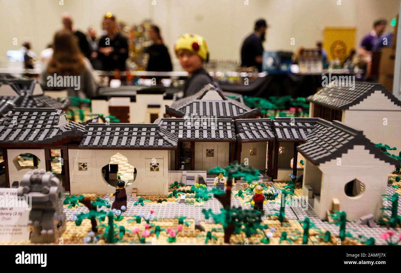Los Angeles, USA. 12th Jan, 2020. A kid views the Lego creations ...