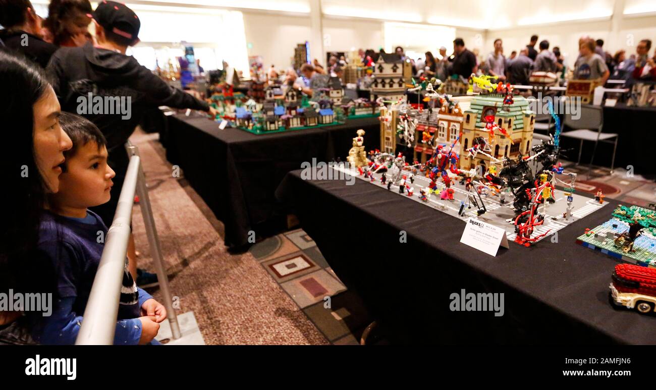 Los Angeles, USA. 12th Jan, 2020. Visitors admire Lego creations at ...