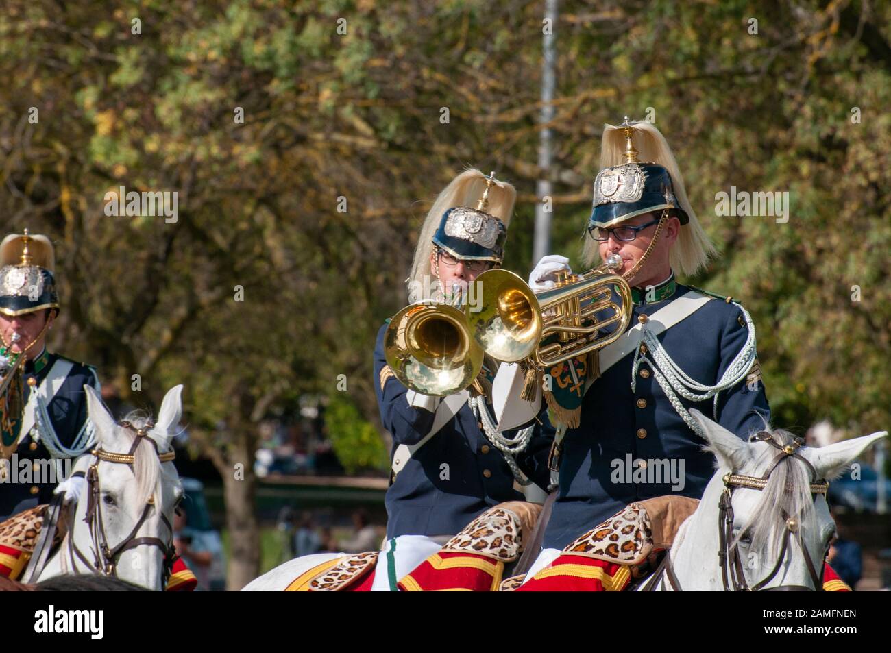 Members of the Portuguese National Guard's mounted brass band take part ...