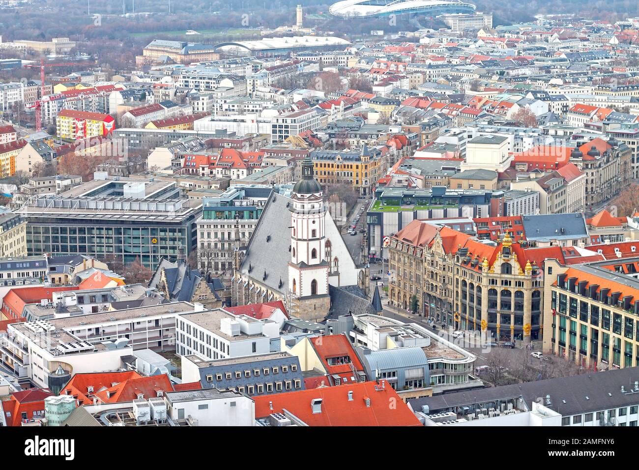 Aerial view of the history center city of Leipzig with St. Thomas's ...