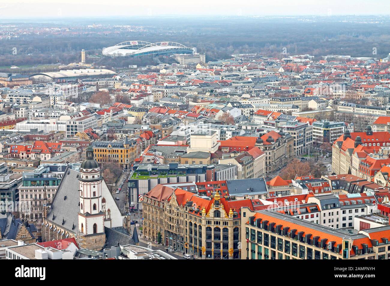 Aerial view of the history center city of Leipzig with St. Thomas's ...