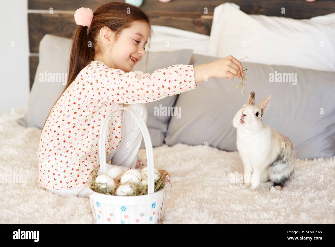 Side view of cute girl feeding the rabbit Stock Photo - Alamy
