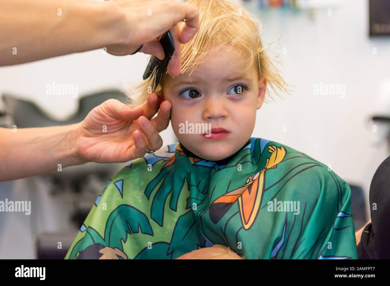 Cute blonde girl having her first haircut Stock Photo - Alamy