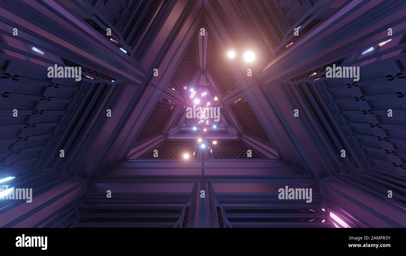 glowing spheres particles fly through triangle space tunnel corridor 3d ...