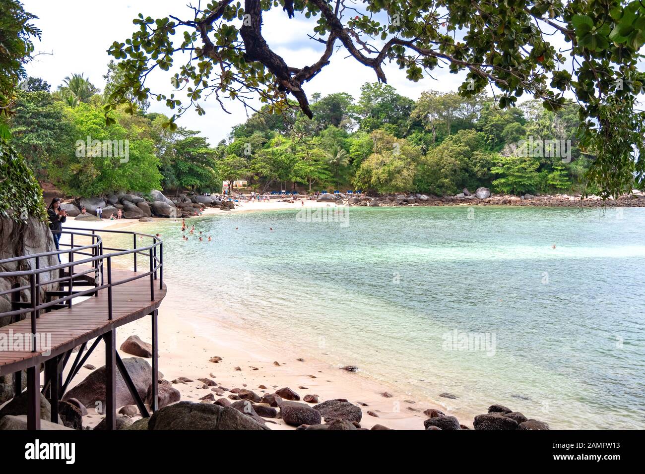 Phuket, Thailand - November 27 2019: Wooden walkway ramp on the shore ...