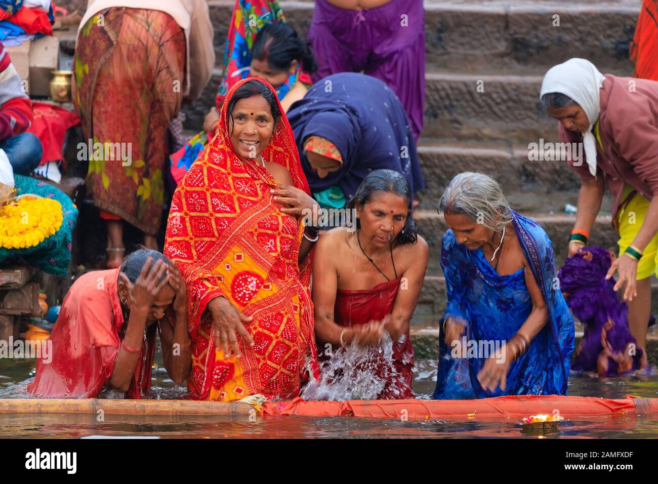 VARANASI, INDIA, JANUARY 18, 2019 : Traditional Ganges river bathing ...