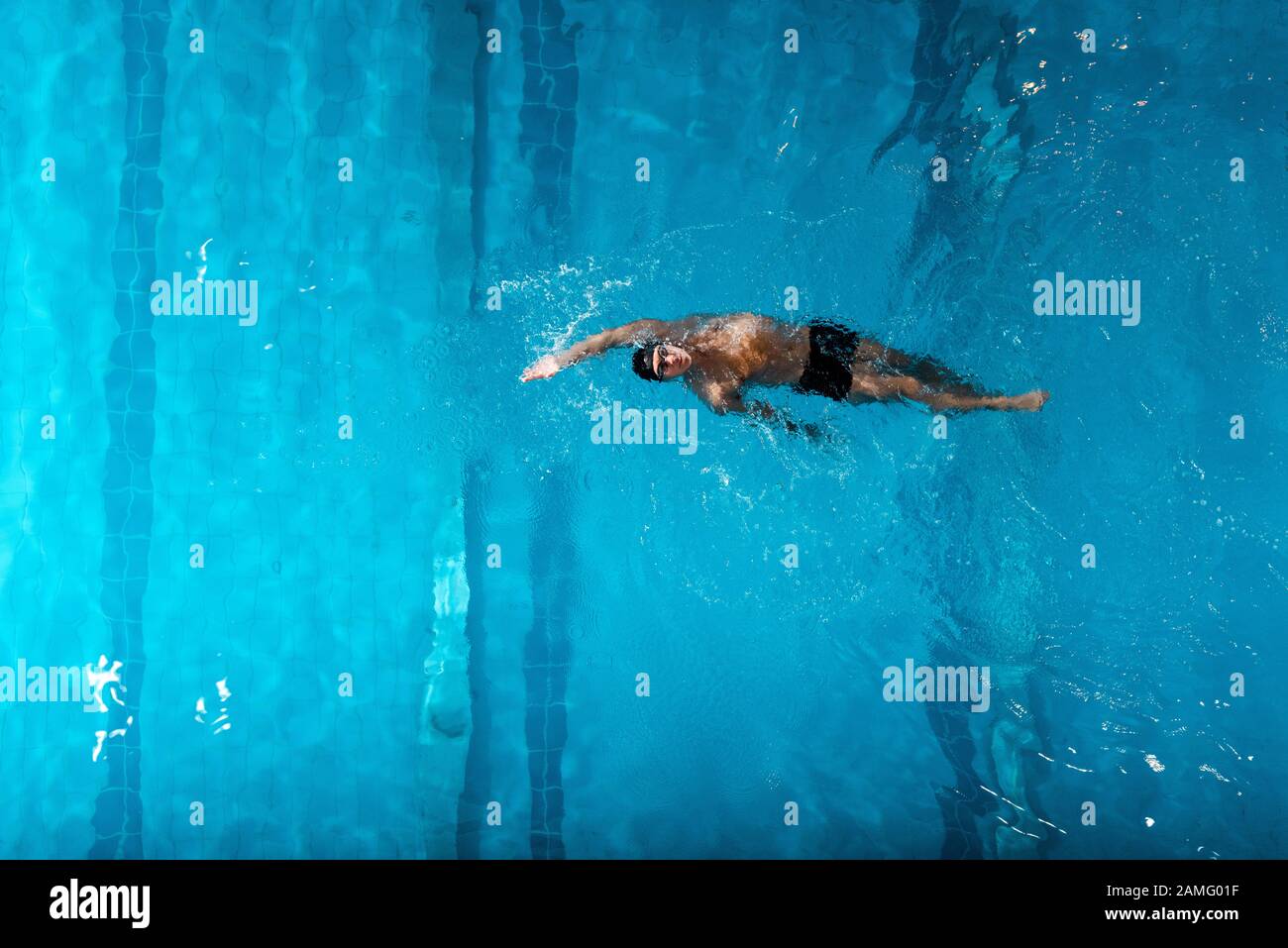 top view of handsome swimmer doing backstroke swimming in swimming pool ...