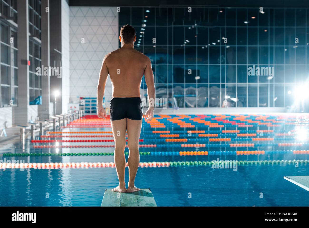 back view of muscular swimmer standing near swimming pool Stock Photo ...