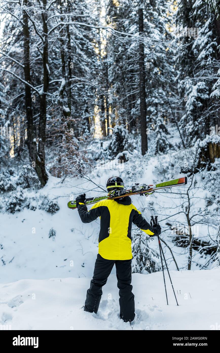 back view of skier in helmet holding ski sticks and skis while standing ...