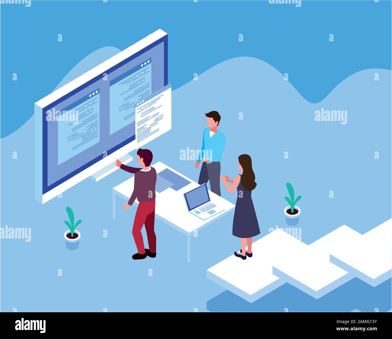 group of people working in front of computer screen vector illustration ...