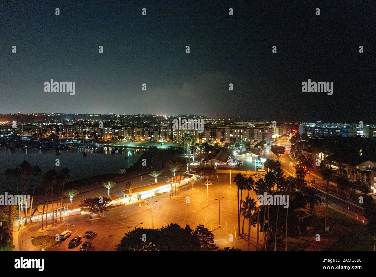 Aerial view at night of Marina Del Rey, Los Angeles, California ...