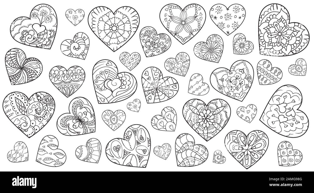 Set of artistically hand drawn hearts. Valentines day background ...