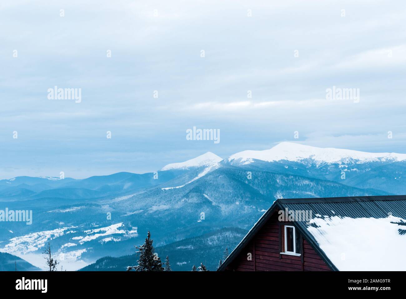 scenic view of snowy mountains with pine trees and wooden house Stock ...