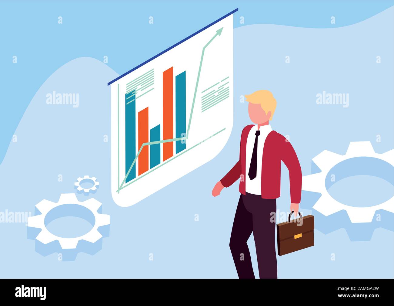 man with graphs in front, business working processes vector ...