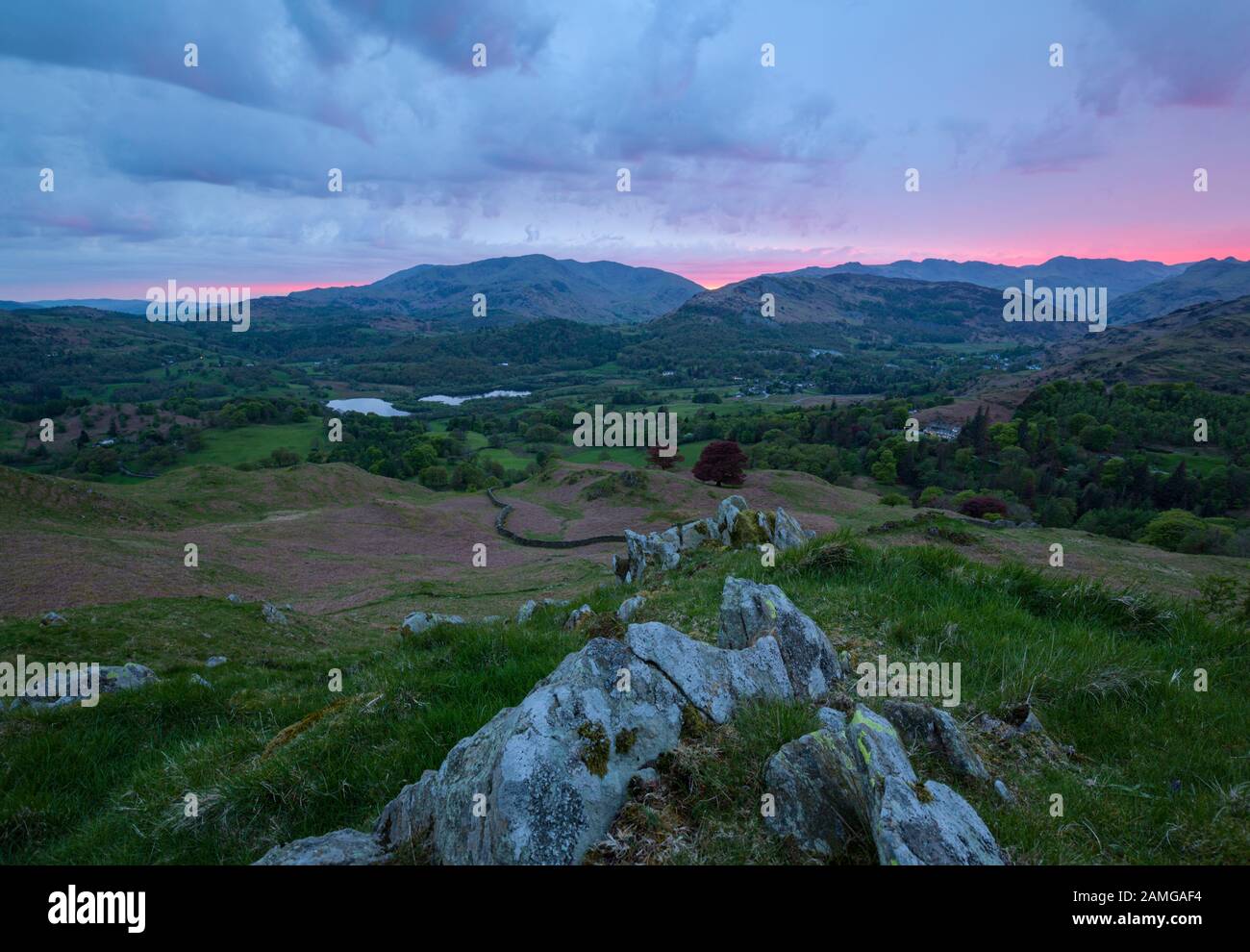 Sunset from Loughrigg Fell overlooking Elterwater Lake District Stock ...
