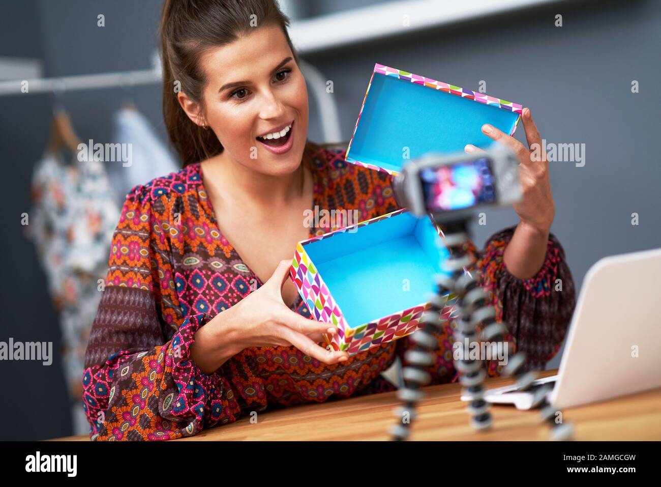 Fashion vlogger influencer recording live tutorial video Stock Photo ...