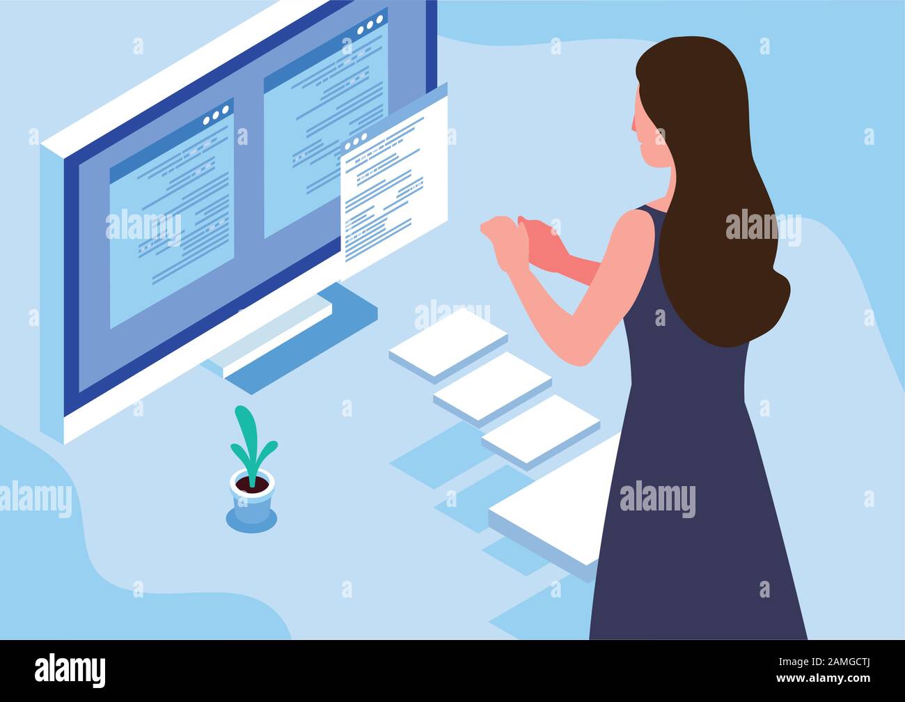 woman working in front of computer screen vector illustration design ...
