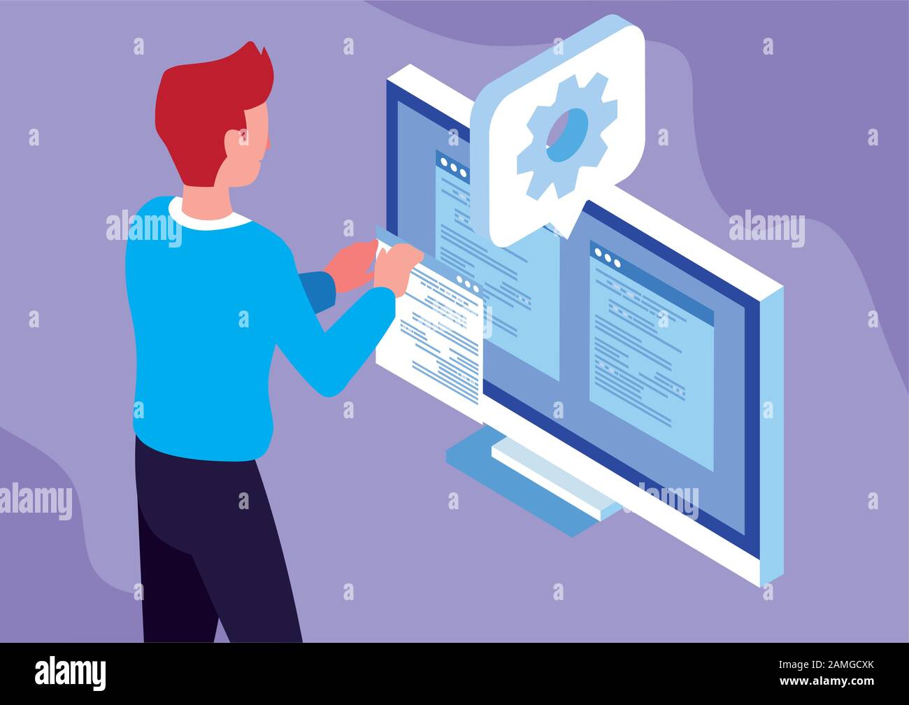man working in front of computer screen vector illustration design ...