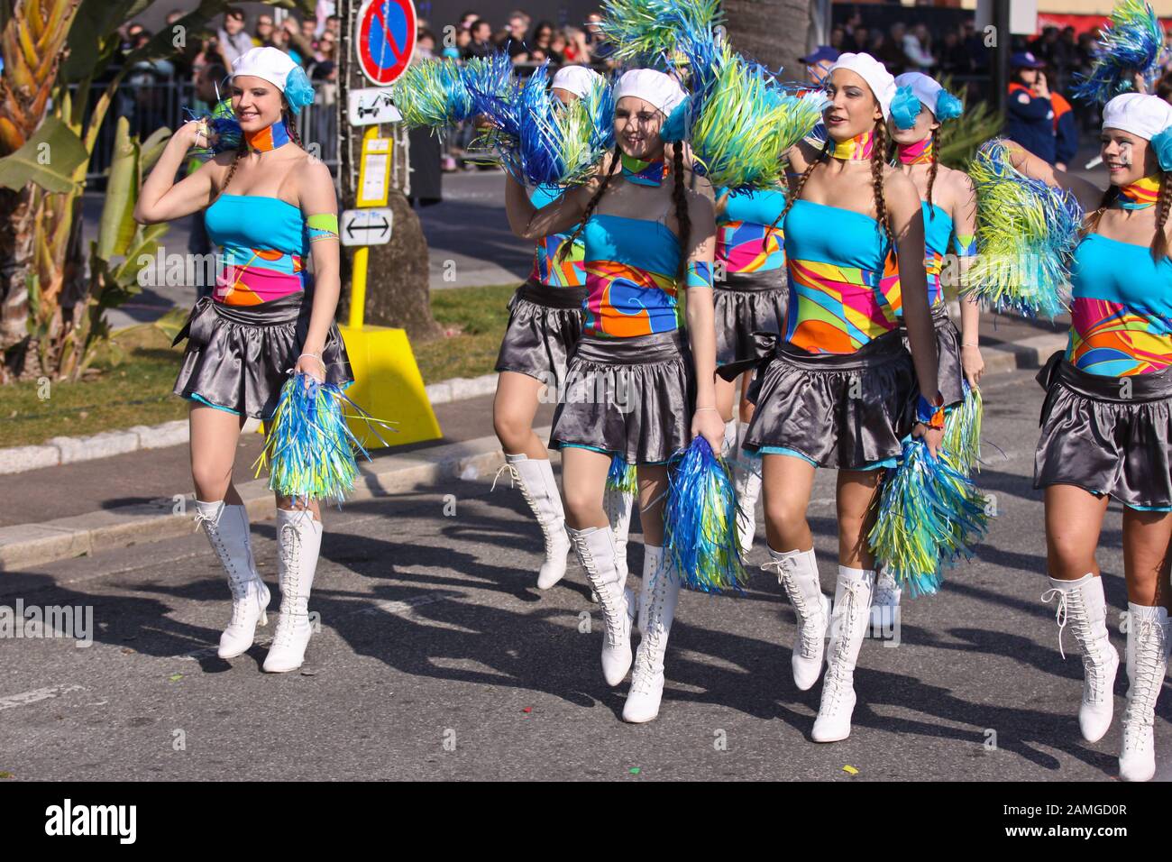Nice, France - February 25, 2012: Participants in the carnival parade ...