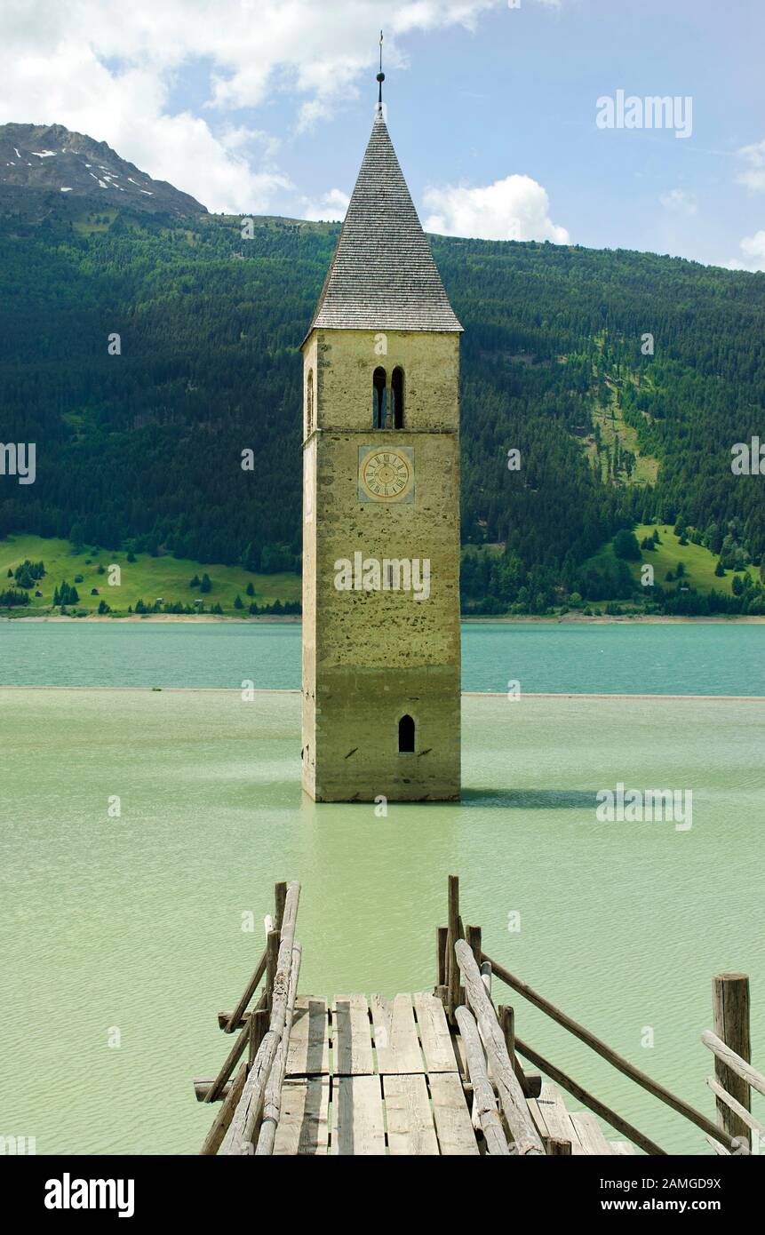 Italy, sunken church tower in Reschen Lake - Lago di Resia - in South ...